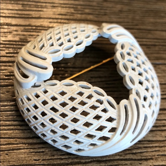 Vintage | Jewelry | Vintage Monet White Enamel Pin Round Pierced Metal ...